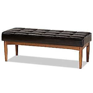 Baxton Studio Sanford Dining Bench Dark Brown Faux Leather Upholstered and Walnut Brown Finished Wood Dining Bench