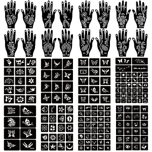 ChurlChurl Henna Tattoo Stencil Kit 190pcs, 24 Sheets Henna Stencils Reusable Temporary Indian Arabian Glitter Airbrush Tattoo Stencils for Face Body Paint DIY