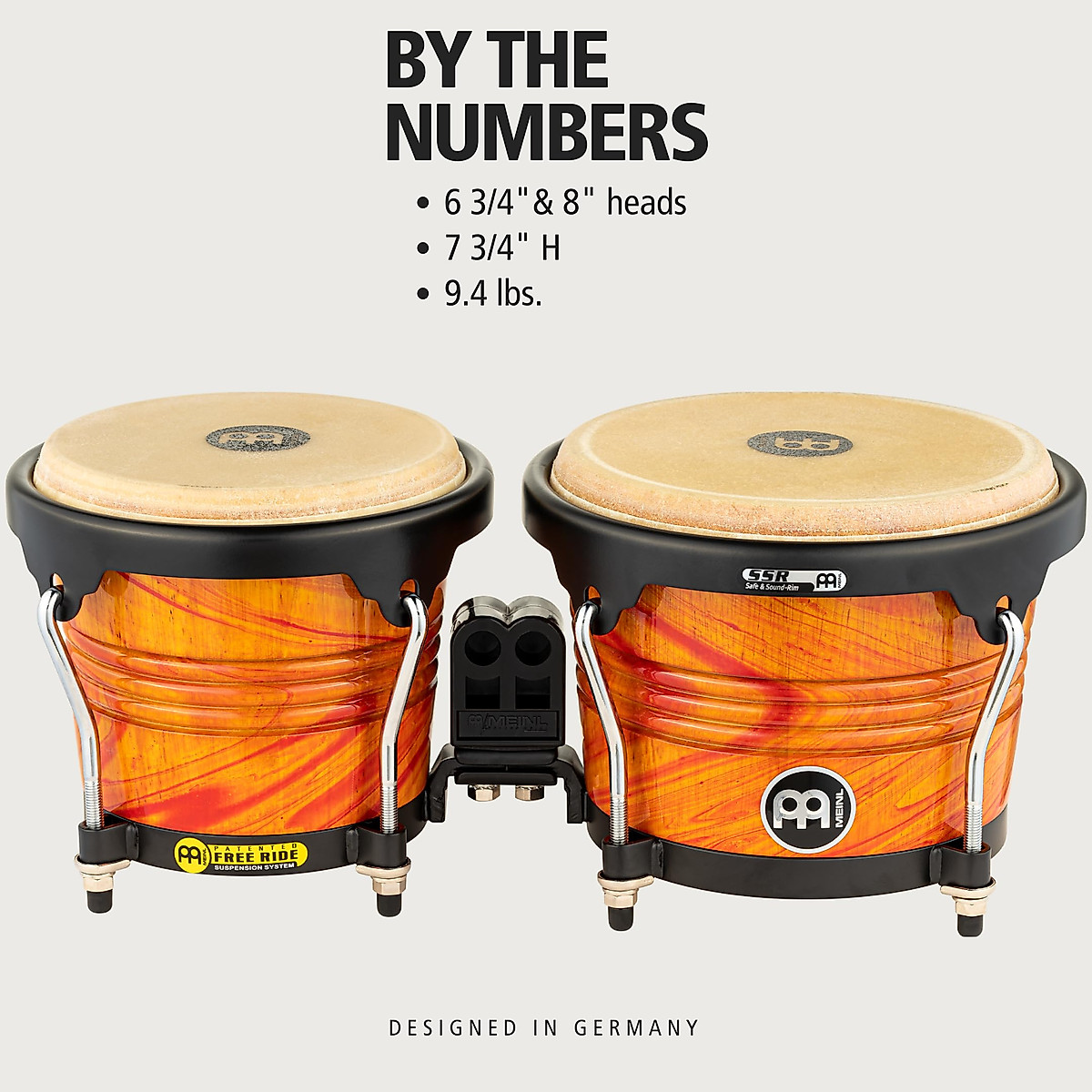 Meinl Percussion FWB190AF Free Ride Series Wood Bongos, Amber Flame Finish