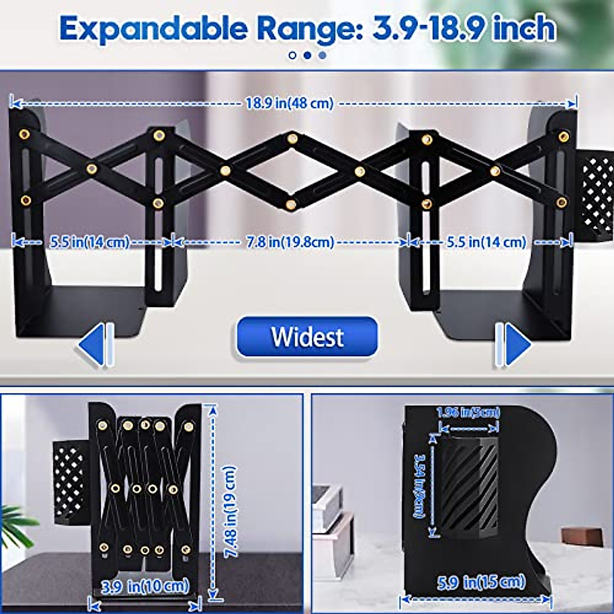 Heavy Duty Book End to Hold Books + Detachable Pen Holder, Adjustable Bookends Book Holder for Shelves, Decorative Book Organizer for Desk, Sturdy Metal Book Ends Binder Holder for Tabletop