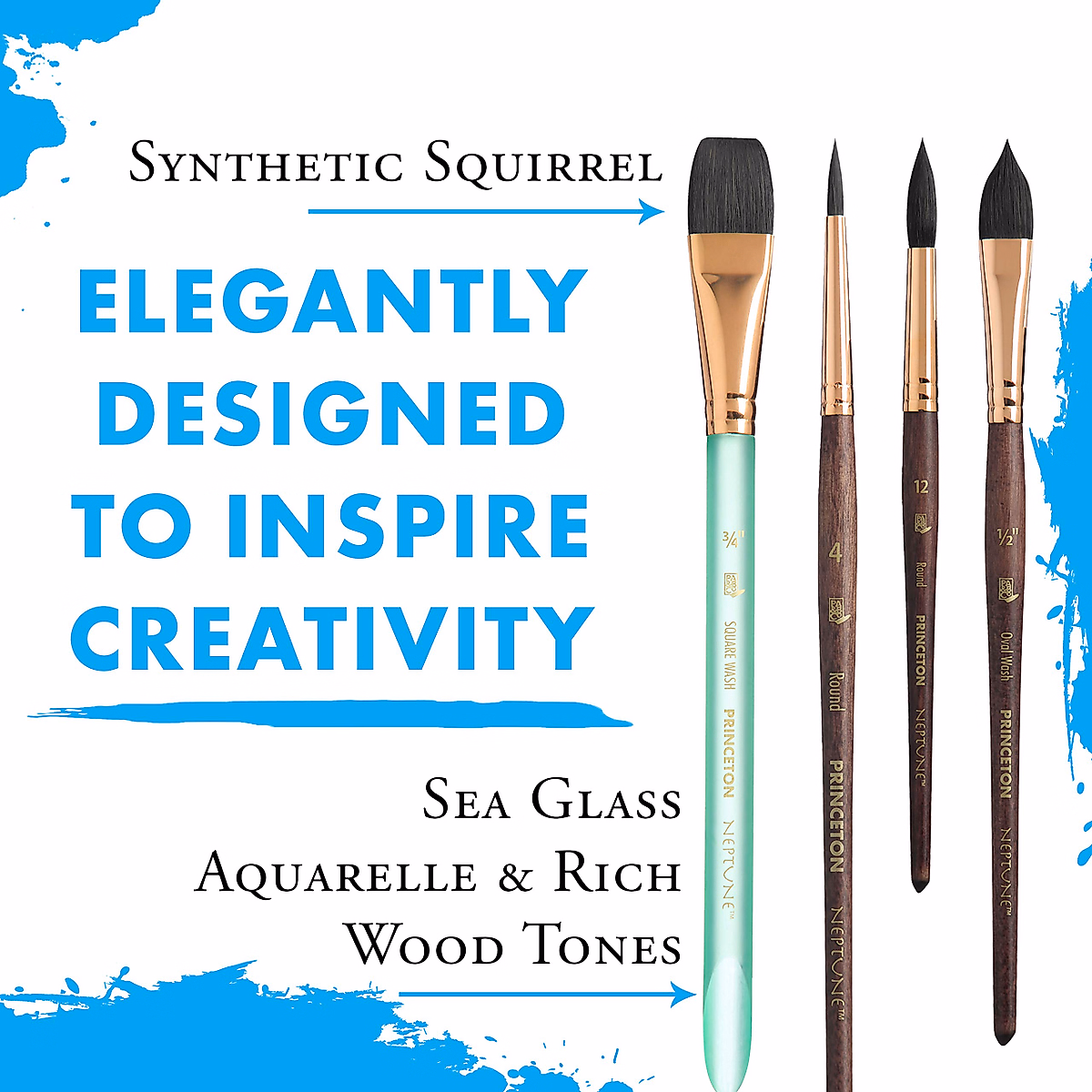 Princeton Artist Brush Neptune Series 4750 - 4-Piece Synthetic Squirrel Watercolor Paint Brush Set- Includes Aquarelle ¾” Oval Wash ½ & 2 Round Brushes Sizes 4 & 12