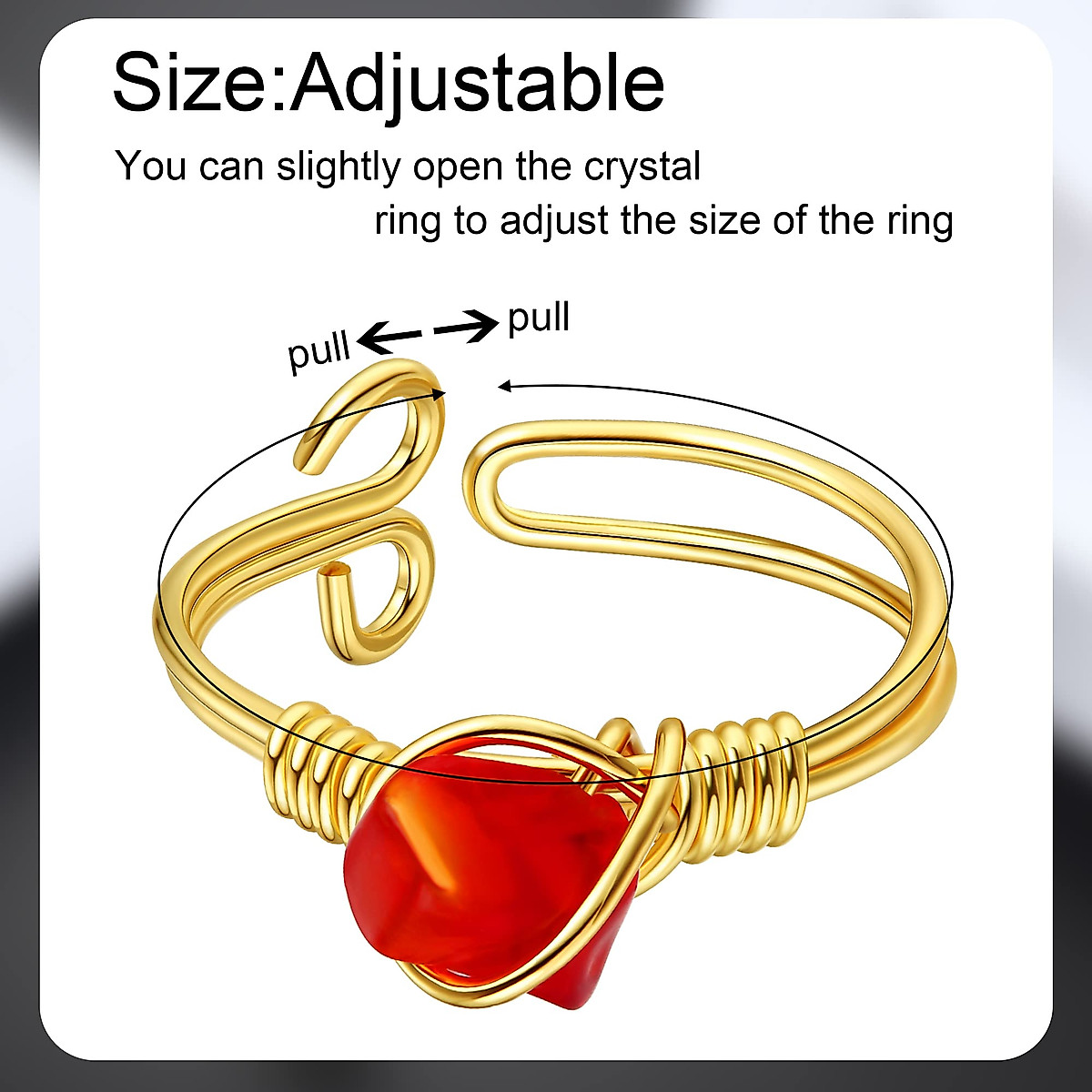 RnBLM JEWELRY 6 PCS Healing Crystal Ring for Women Irregular Crystal Gold Wire Wrapped Ring Gemstone Carnelian Rose Quartz Amethyst Evil Eye Tiger Eyes Adjustable Crystal Ring Set