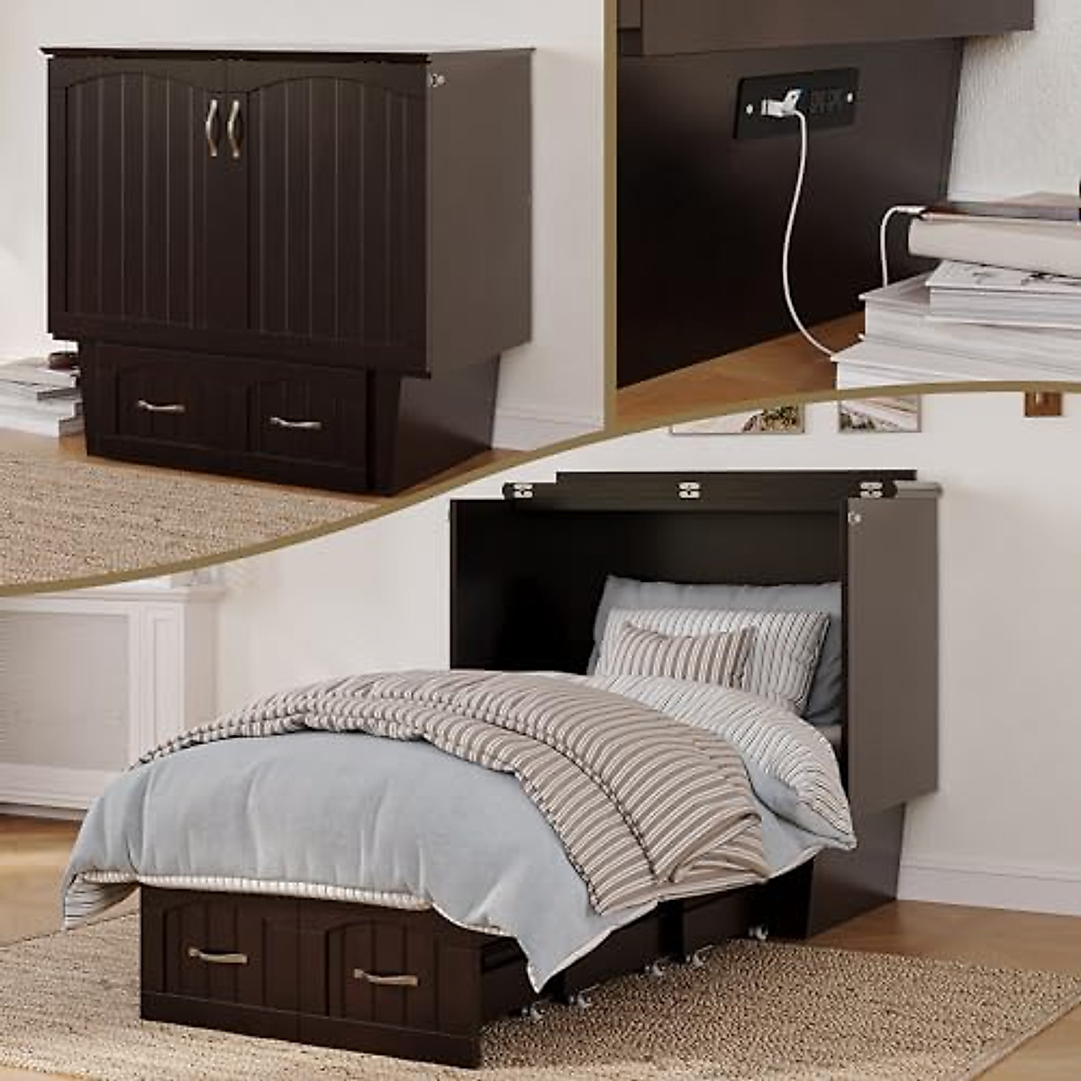 AFI, Nantucket Twin Murphy Bed Chest with Mattress, Storage Drawer and Built-In USB Charger, Espresso