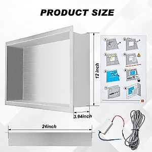 Hicarer Stainless Steel Shower Niche LED Light Recessed Niche Shower Waterproof Recessed Wall Mounted No Tiling Required Shower Alcove for Bathroom Storage Installation (Gray,12 x 24 Inch)