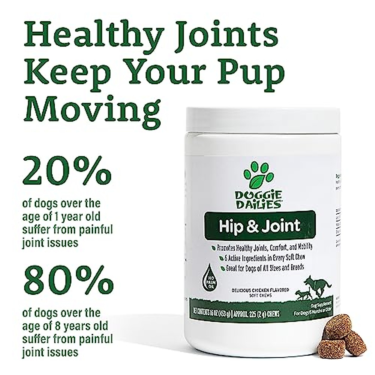 Doggie Dailies Glucosamine for Dogs – 225 Chews – Advanced Joint Supplement for Dogs with Chondroitin, MSM, Hyaluronic Acid & CoQ10 – Premium Dog Glucosamine (Chicken)