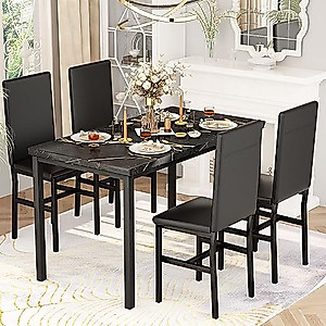 Hooseng Dining Table Set for 4, Black Modern Kitchen Table and Chairs for 4, 5 Piece Dining Room Furniture Table Set with Faux Marble Tabletop and PU Leather Chairs for Small Spaces, Apartment,Dinette