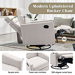 Merax Tan Modern Soft Linen Swivel Push Back Rocker Recliner w/Headsupport Adjustable Nursery Glider Chair for Living Room, Bedroom, Set of 1