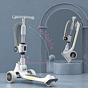 Scooter for Kids, Child Toddlers Toy, 3 Wheel Foldable Kick Scooters with Adjustable Height, Anti-Slip Deck, Flashing Wheel Lights, for Boys Girls Ages 2-12 Years Old (Blue (with seat))