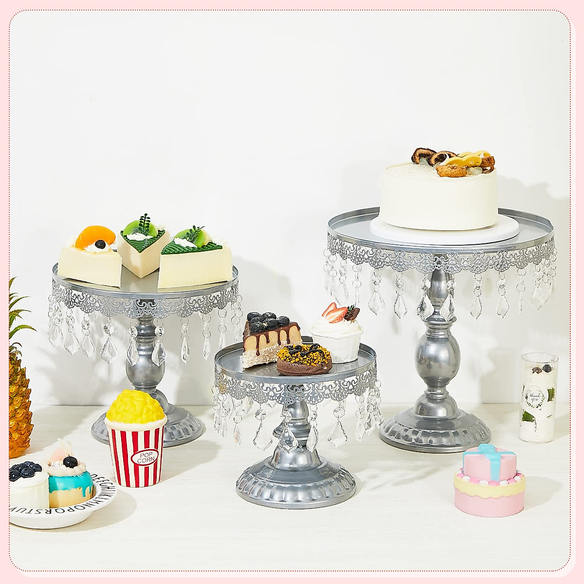 Eaasty 3 Pcs Cake Stand Set Round Cake Stand with Crystal Bling Pendants Dessert Table Display Set for Wedding Event Birthday Party Dessert Table(Silver)