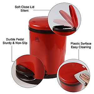 Afromy Small Bathroom Trash Can with Lid Soft Close, Step Pedal, 1.8 Gallon Garbage Can with Removable Inner Bucket, Red