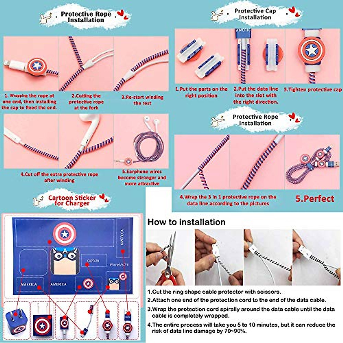 ZOSTLAND DIY Protector Data Cable 5W 18W 20W USB Charger Line Earphone Wire Saver Organizer Compatible with iPhone 13 12 11 Pro Max XS XR X 8 7 6 Plus iPad iPod iWatch (Stitch Advanced Set)