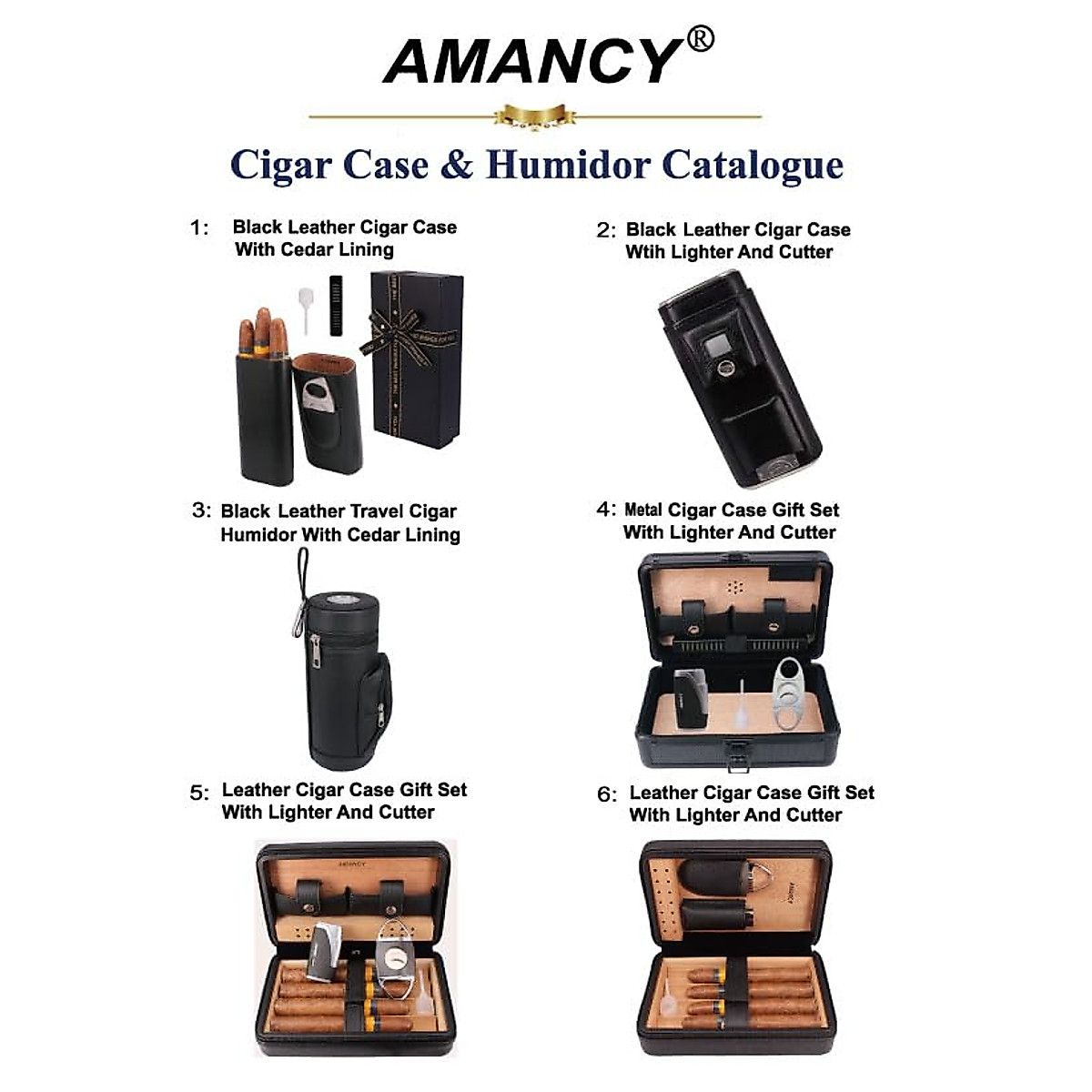AMANCY Premium Brown Leather Travel Cigar Case,Luxury Portable Cigar Humidor W/Quality Cigar Cutter Lighter Set