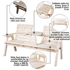 Kdgarden Cedar/Fir Log Wood Patio Garden Bench with Foldable Table, Outdoor Wooden Porch 3-Seat Bench Chair for Garden Balcony Patio Backyard, Natural Finish
