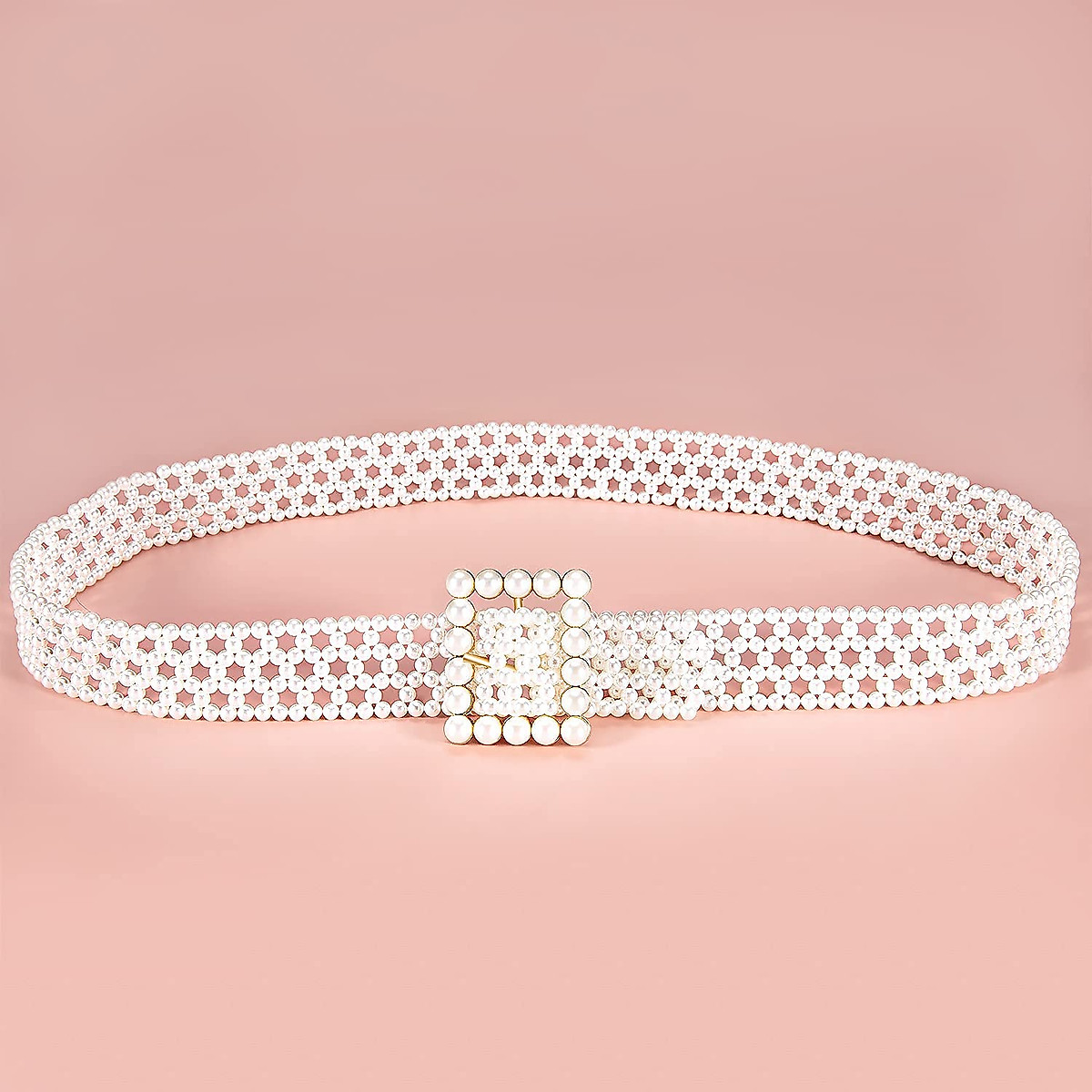 Barry.Wang Wide Belt for Women Fashion Wedding Sash Dress Pearls Belt Square Buckle Elastic Waist Chain