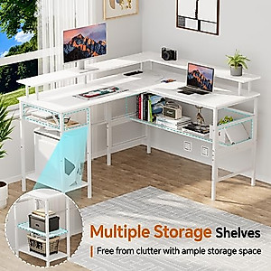 FEMOND L-Shaped Gaming Desk with LED Lights, Modern White Computer Desk, 55 Inch, 3 Shelves, 1 Adjustable Shelf, Perfect for Home Office, Gaming Setup, and Small Places