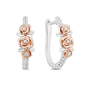 Jewelili Enchanted Disney Fine Jewelry 10K Rose Gold and Sterling Silver Belle Dozen Roses Earring Set With 1/5 Cttw Diamonds