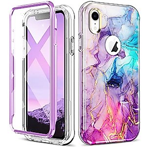 Hocase for iPhone XR Case, (with Built-in Screen Protector) Shockproof Soft TPU+Hard Plastic Rugged Slim Cute Stylish Full Body Protective Case for iPhone XR 6.1" 2018 - Watercolor Marble