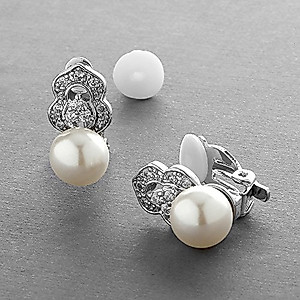 Mariell Cubic Zirconia Pearl Drop Clip-On Earrings for Women, Non-Pierced Earrings, Jewelry for Brides