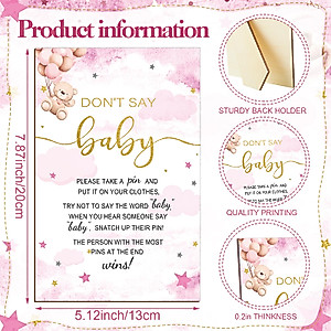 Patelai 321 Pcs Baby Shower Games Supplies, 5 Sets (50 Cards Each) Activities Cards with 20 Pencils 1 Don't Say Baby Sign 50 Clothespin(Pink Bear)