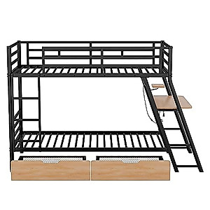 SIYSNKSI Twin Size Bunk Bed with Built-in Desk and 2 Drawers, Metal Bunk Bed Frame with Light and Metal Slat Support for Kids Teens Boys Girls Bedroom, No Box Spring Needed
