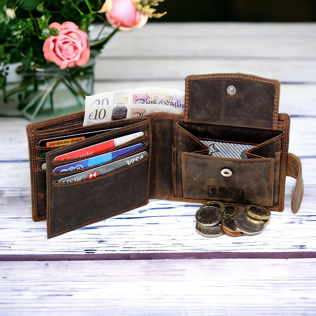 MORUCHA Wallets Men Anti-Theft RFID Blocking Bifold Leather Wallet Genuine Distressed Hunter Leather Passcase Wallet Money Cards Coin Organiser Purse Gift For Men M80 Dark Brown