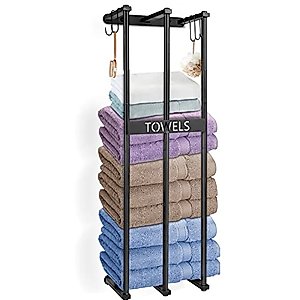 KOCWELL Towel Racks for Bathroom Wall Mounted, 3 Bar Bathroom Towel Holder with Extra 4 Suction Cups and 5 Hooks, Bathroom Towel Storage, Metal Bath Towel Holder for Large Towel Washcloths, Black