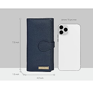 ESTALON Leather Long Bifold Wallet for Women | RFID Blocking | 11 Card Organizer Slots | 3 ID Windows | Trendy Women's Travel Wallet | Ladies Clutch Purse | Gifts for Her | Navy Pebble