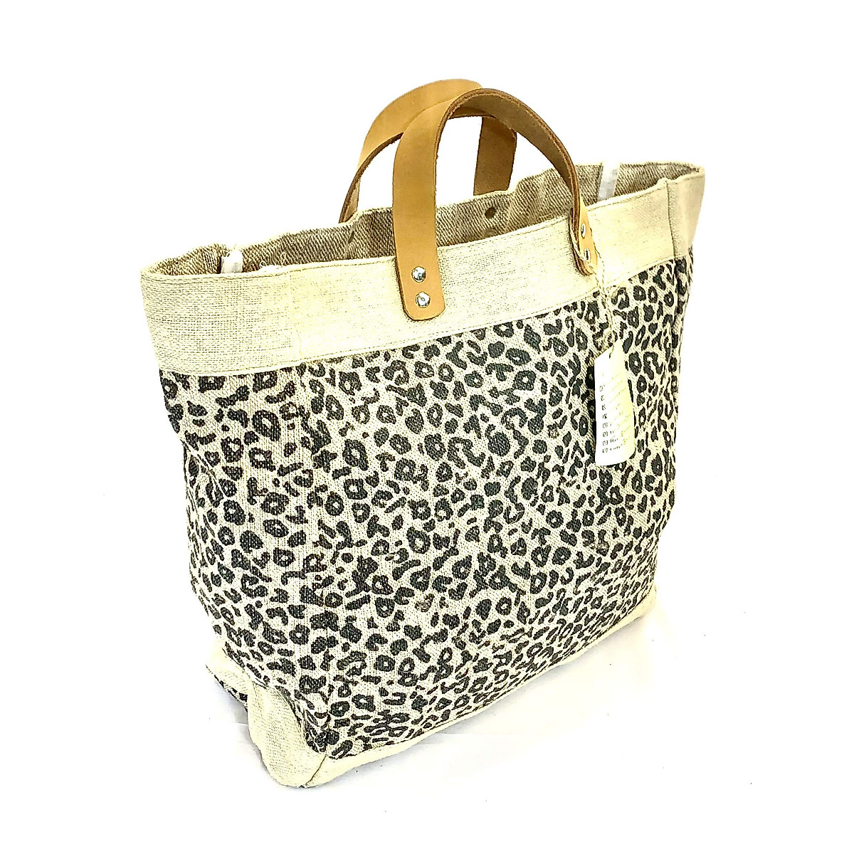Burlap tote Bag with Leather handle, Animal print Size : 14" X 11" X 6", Thick burlap canvas women hand bags