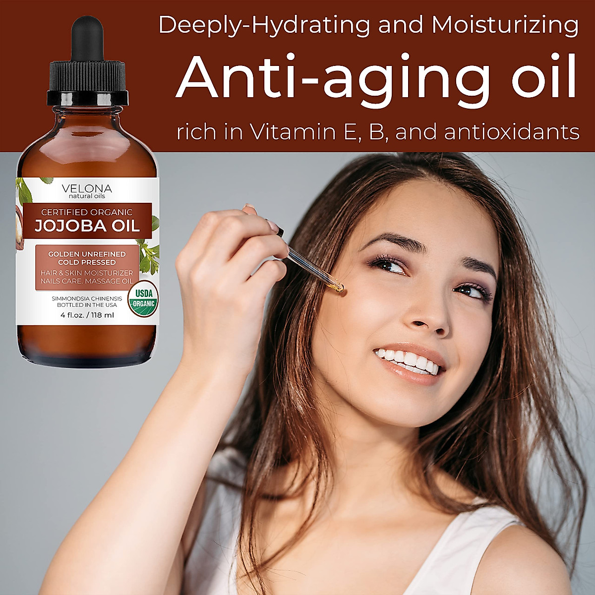 velona Jojoba Oil USDA Certified Organic - 4 fl oz (With Dropper) | Golden, Unrefined, Cold Pressed | Hexane Free