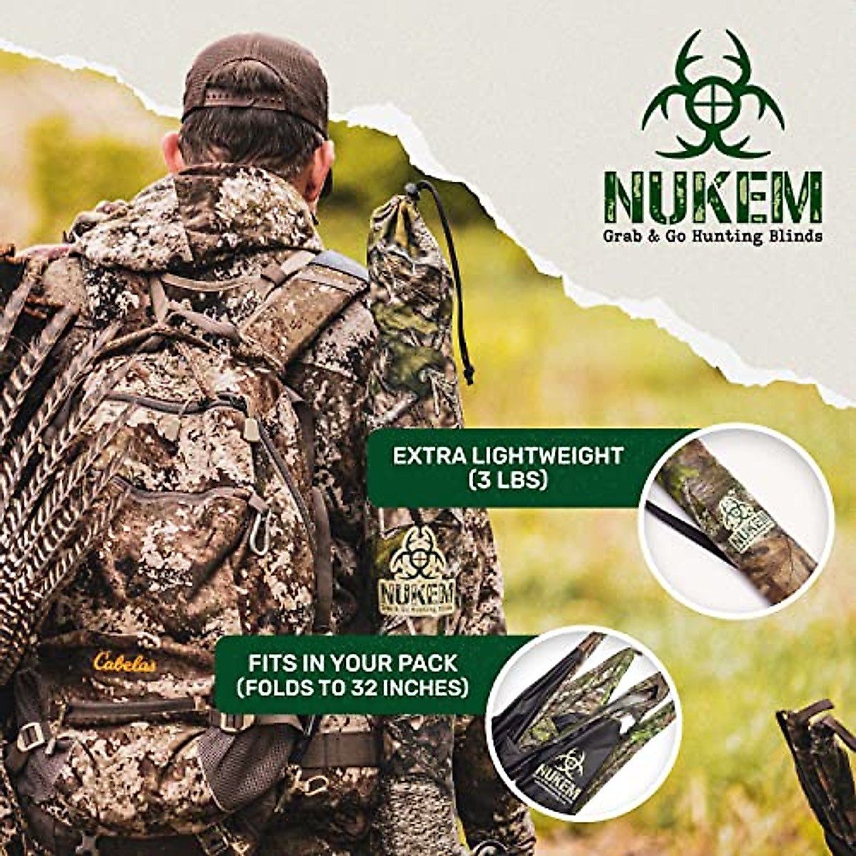 Nukem Grab & Go Hunting Ground Blind - TrueTimber HTC Green - Lightweight Stake-Free Pop Up Turkey & Deer Blind (Standard)