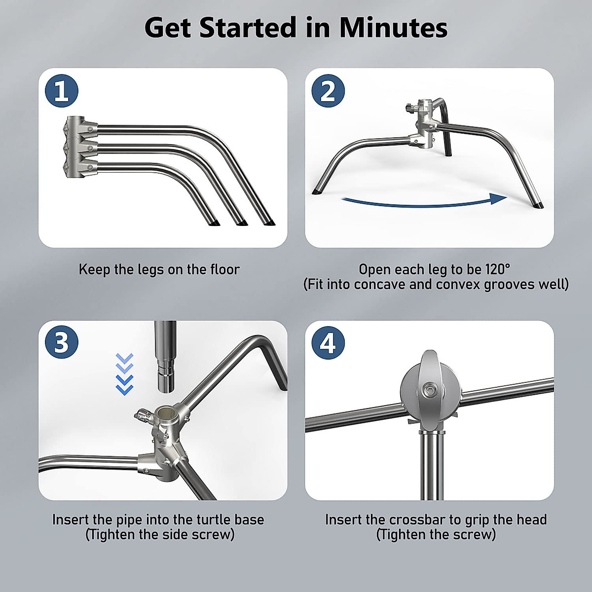 Photography C Stand with Boom Arm: 100% Stainless Steel - Takerers BS11 Heavy Duty Max Height 10.5ft/131inch Light Stands (2 Pack) with 4.2ft/50inch Holding Arm, 2 Grip Head, 2 Sandbag
