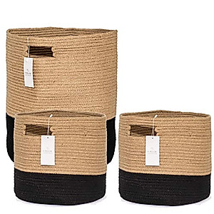 Chloe and Cotton Woven Coiled Rope Storage Baskets XL 19 x 16 inch and Set of 2 Cubby Baskets Jute Black Handles | Decorative Laundry Clothes Hamper, Blanket, Towel, Baby Nursery Bin Cute Organizer