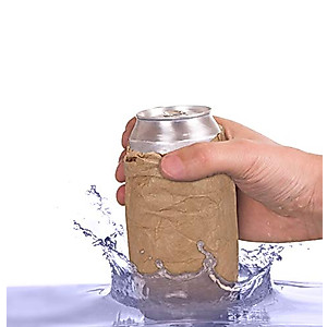 TYVEK BROWN BAG ARTWORK INSULATED CAN & BOTTLE COOLER SLEEVE SOFT REUSABLE COLLAPSIBLE COOLIE FOR PARTIES, EVENTS OR WEDDINGS BUM COLD DRINK THERMAL INSULATOR