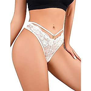 Banamic Womens Panties Thong Lace G-String T-Back Panties Strappy Panties Sexy White