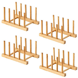 Yuixoseu 4 Pack Bamboo Dish Drying Rack, 4 Slots Wooden Plate Rack Stand Drainer Storage Holder for Dish, Plate, Bowl, Cup, Cutting Board, Lid, Book