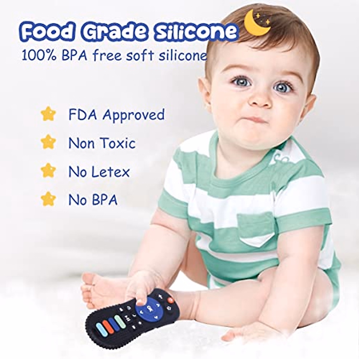 FXK Baby Teething Toys, 2 Pack TV Remote Control & Game Controller Shape Teether Toys, BPA Free Chew Toys Set for Babies 6-12 Months(Black+Blue)