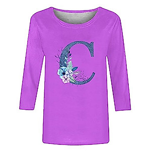 Amazon Deals Women's Fashion Outfits Monogram Print 3/4 Sleeve Blouse Shirts Casual Loose Funny Clothes Ladies Going Out Top Shirt My Orders Placed Purple l
