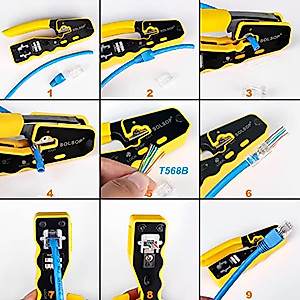 Solsop Network Cable Tester RJ45 Crimp Tool Pass Through Cat5 Cat5e Cat6 Crimping Tool Kit, 50PCS Pass Through Connectors, Mini Wire Stripper, Wire Cutter plier