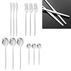 410 Stainless Steel 12 Pieces Shiny Restaurant Tableware Cutlery Set Serving Utensils Set (Silver)