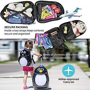 KIDDIETOTES Kids Carry-on Upright Luggage Suitcase and Backpack Set - Smooth Rolling Wheels - Penguin