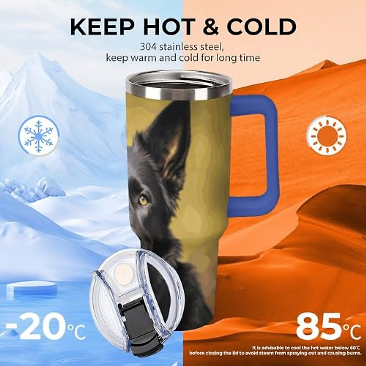 40 Oz Vacuum Tumbler with Deep Blue Handle Leakproof Insulated Tumbler Black German Shepherd Dog Stainless Steel Travel Mug with Lid And Straw Coffee Cup Cute Water Bottles Cup Holder Friendly