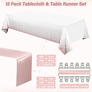 12 Pack Rose Gold Tablecloth and Table Runner Set Party Decorations, White and Rose Gold Plastic Disposable Tablecloth and Satin Table Runner for Wedding Birthday Bridal Graduation Anniversary Party