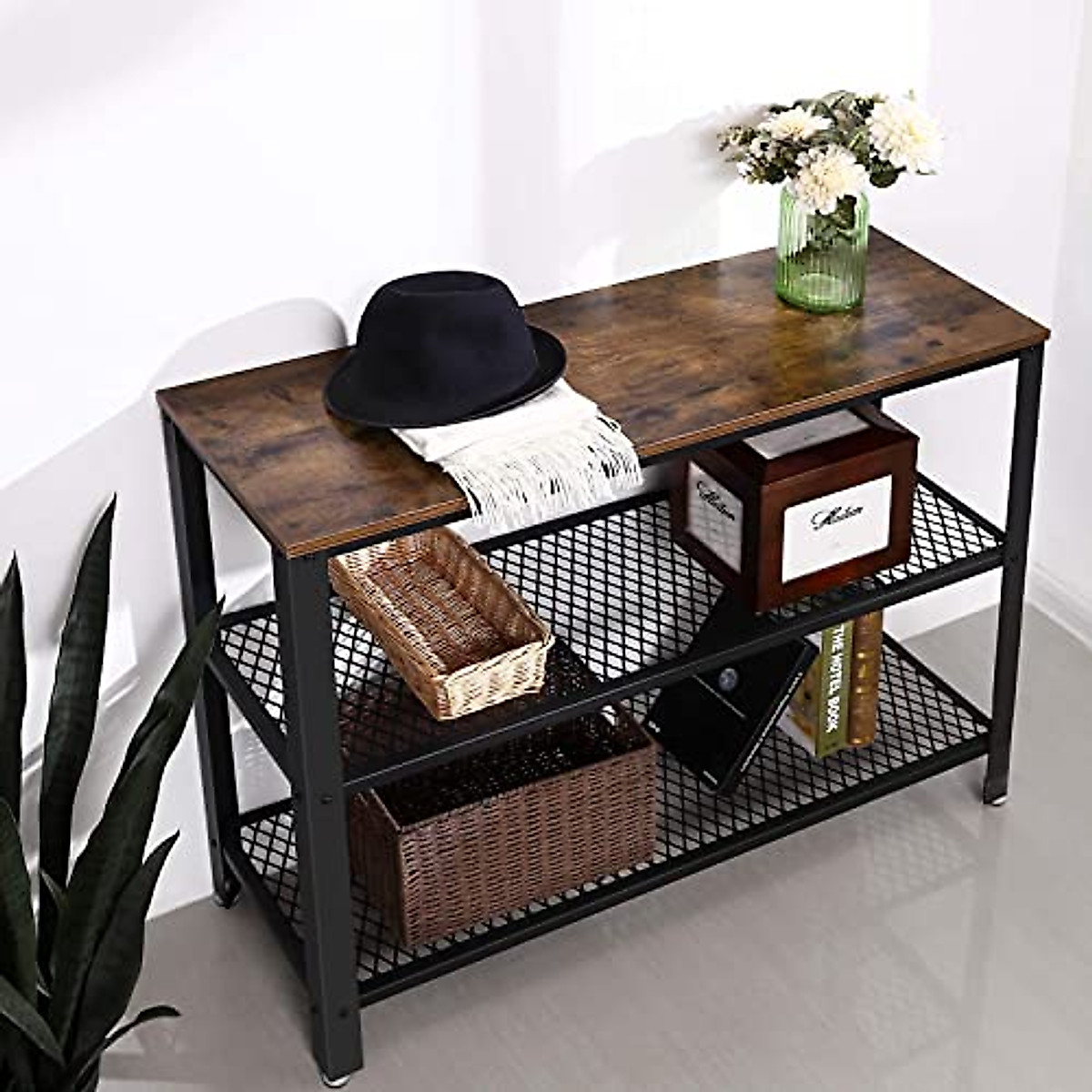 VASAGLE 40" Industrial Console Table, 3 Tier Entryway Table with Storage Shelf, Narrow Sofa Table for Living Room, Hallway, Entrance Hall, Corridor, Bedroom, Rustic Brown and Black ULNT81BX