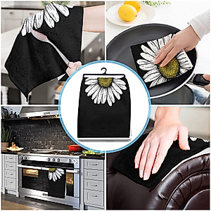 Vintage Daisy Floral Microfiber Kitchen Towels with Hanging Loop, Super Absorbent&Machine Washable Dish Towels Hand Towels for Home Kitchen Bars, 18 x 28 Inches, Flowers Farmhouse Black White
