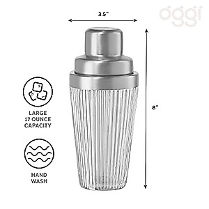 OGGI Vintage Ribbed Glass Cocktail Shaker- 16oz, Stainless Steel Top; Ideal Martini Shaker, Drink Shaker, Bartender Shaker; Make Great Bar Gifts, Cocktail Accessories and Bar Cart Accessories