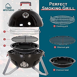 MFSTUDIO 18" Vertical Smoker and BBQ Grill, Pure Porcelain-Enameled Smokey Mountain Cooker, Heavy Duty Charcoal & Woods Outdoor Grill for Smoker, Black