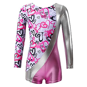 Hansber Metallic Biketard for Kids Girls Long Sleeve U Neck Shorty Leotard Gymnastics Tumebling Top Pink 12 Years