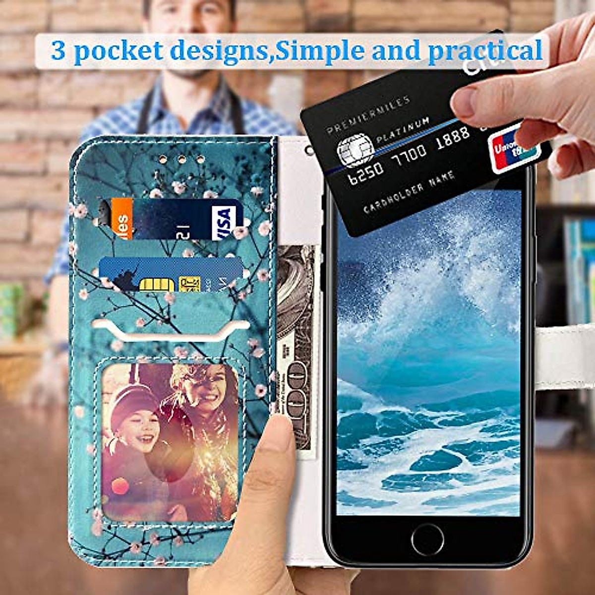 JanCalm for iPhone SE 2022 Case,iPhone 8 Wallet Case,iPhone 7 Case,iPhone SE 2020 Case,iPhone 6/6S Case (Not Plus),PU Leather [Wrist Strap] [Card Holder/Cash Slots] Stand Flip Cover (Plum Blossom)