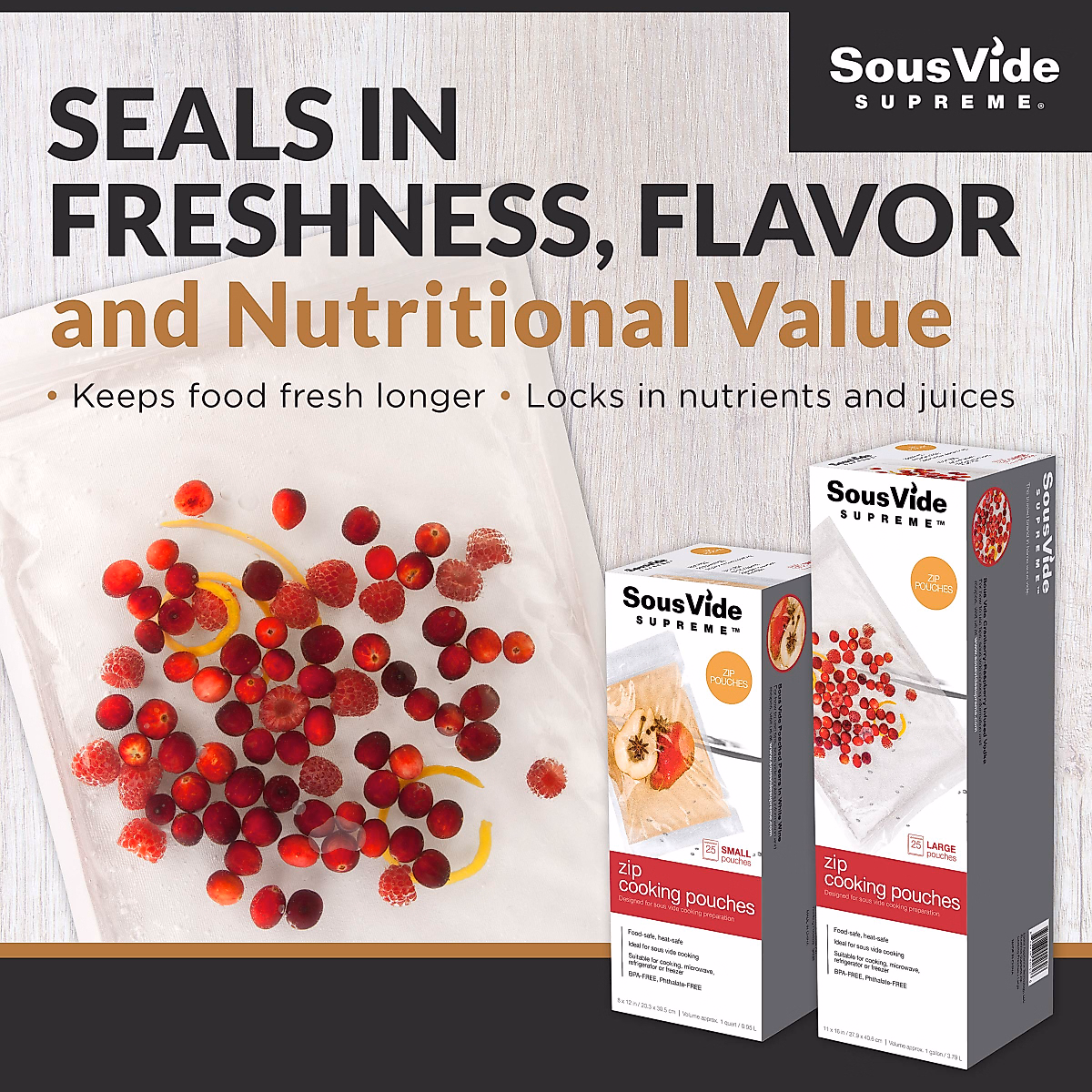 SousVide Supreme Zip Cooking Pouches, 8 x 12 inches, 1 Quart, 25 Pouches per Box