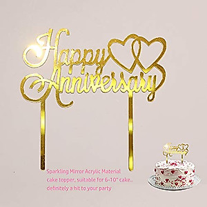 Happy Anniversary Decorations, Happy Wedding Anniversary Decorations with Banner, Cake Topper, Glitter Hanging, Ribbon and Balloons for All Ages' Anniversary Party Decorations (Black/Gold)